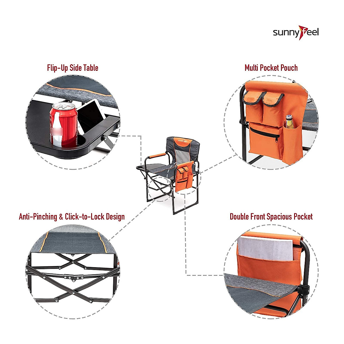 SUNNYFEEL Camping Directors Chair, Heavy Duty,Oversized Portable Folding Chair with Side Table, Pocket for Beach, Fishing,Trip,Picnic,Lawn,Concert Outdoor Foldable Camp Chairs