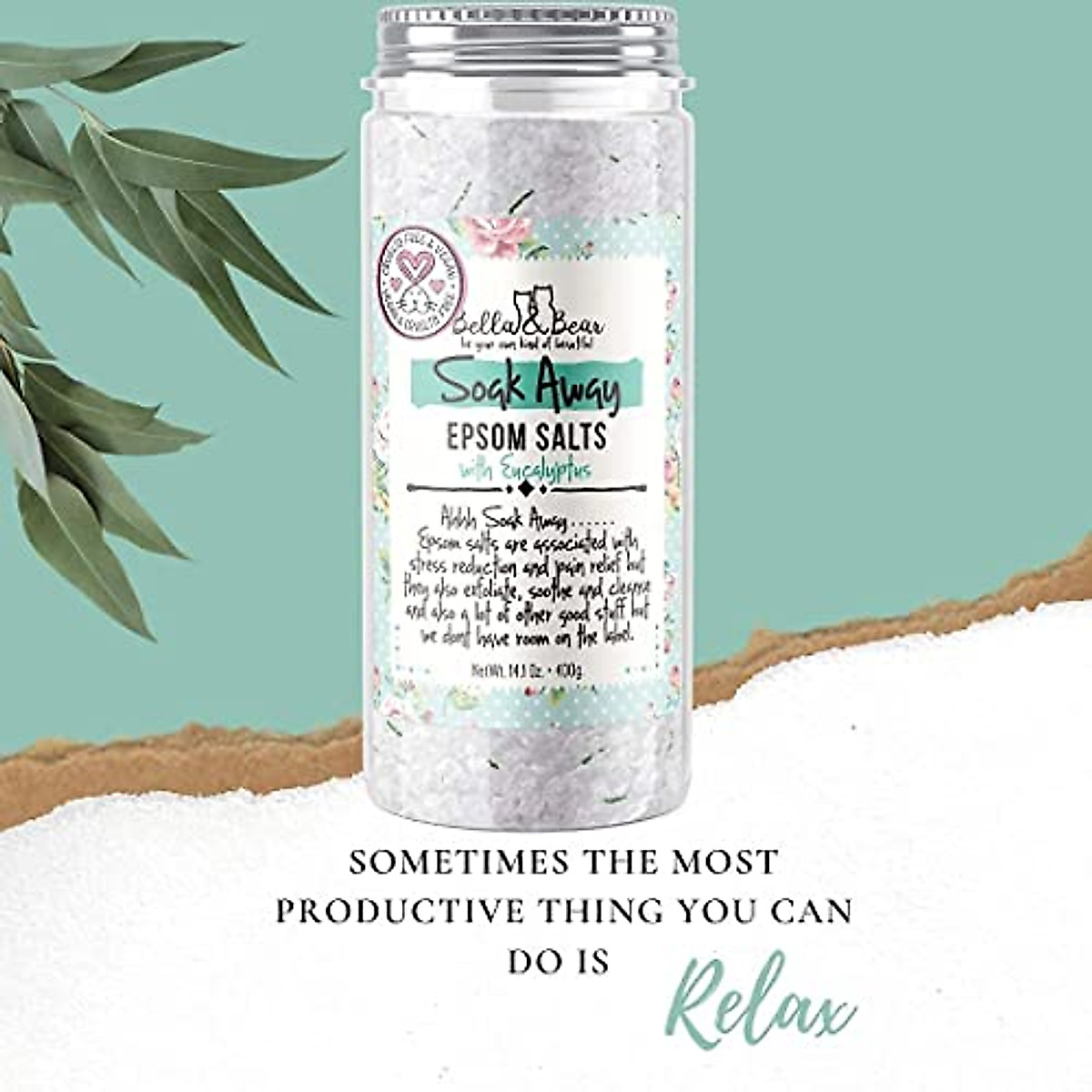 Bella & Bear Soak Away Epsom Bath Salts, Detox, Soothes Sore Muscles, Exfoliates, 14oz