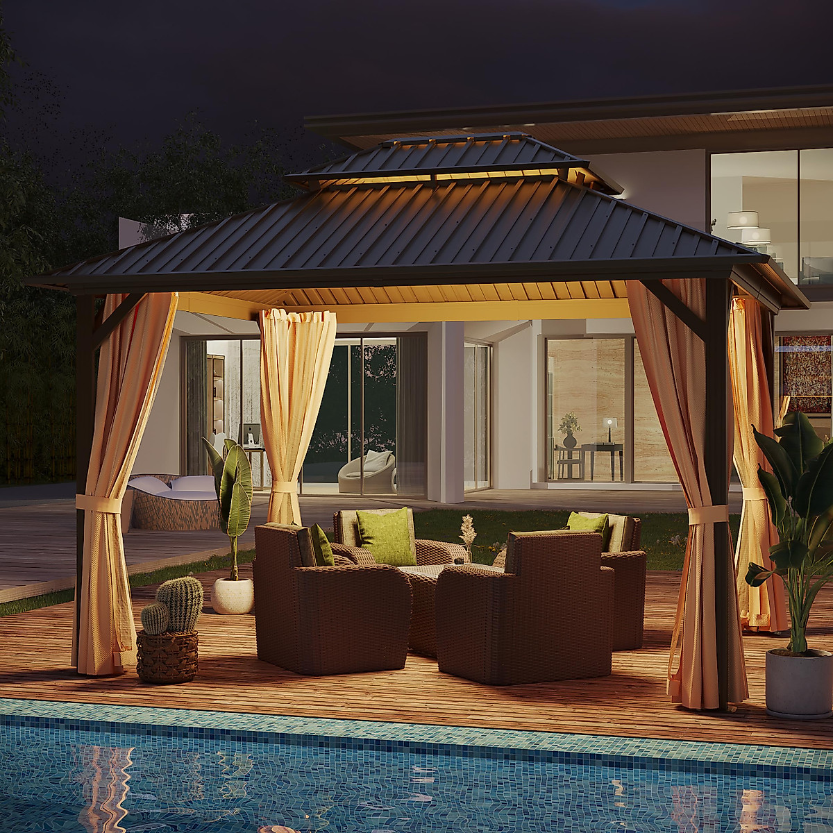 GAZEBEST 10x12 ft Hardtop Gazebo Outdoor Aluminum Patio Gazebo Double Roof Galvanized Steel Canopy with Netting and Curtains for Garden, Backyard, Deck and Lawns.