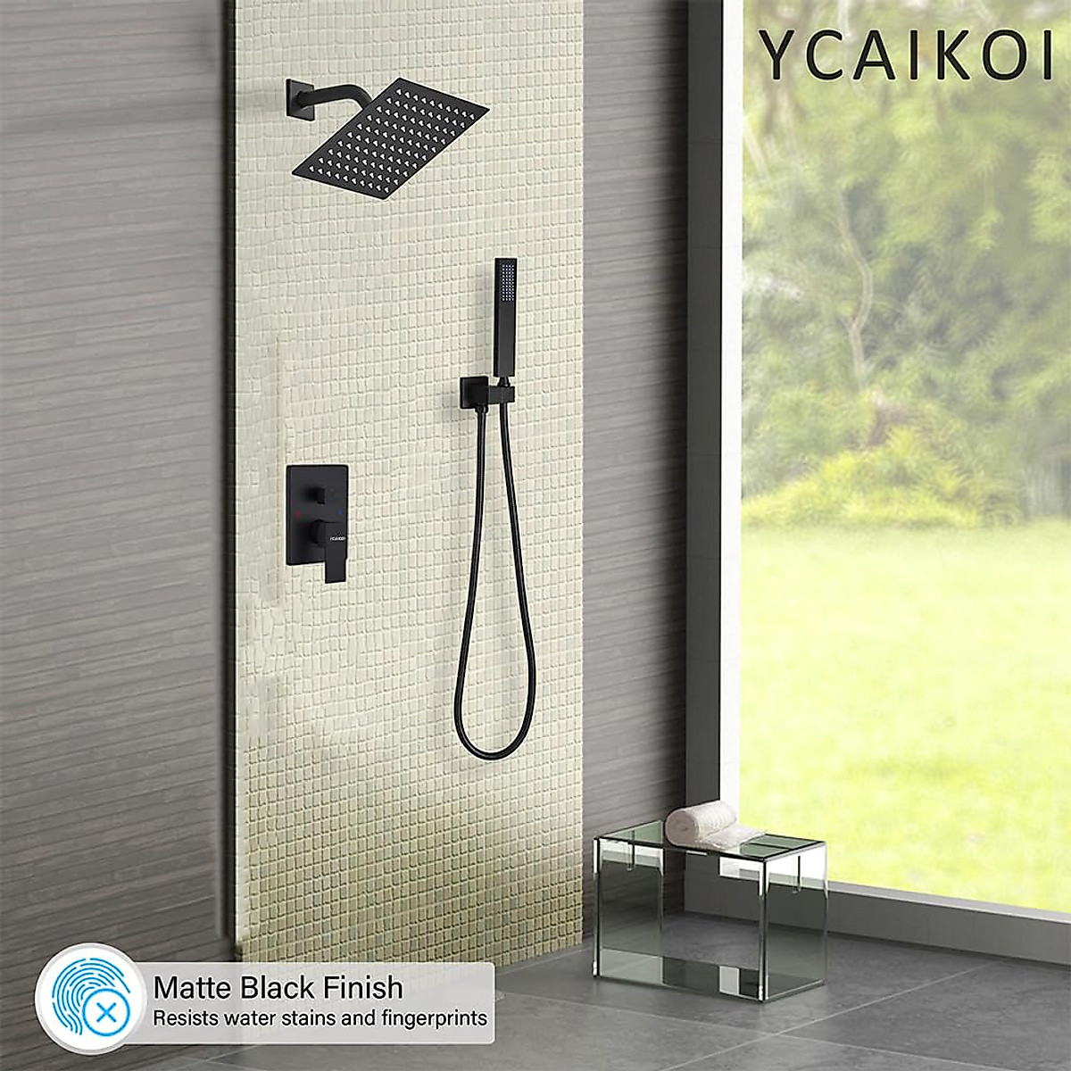 YCAIKOI Matte Black Shower System, 8 Inch High Pressure Rain Shower with Handheld, Wall Mount Shower Faucet Set for Bathroom, Rough-in Valve Body and Trim Included