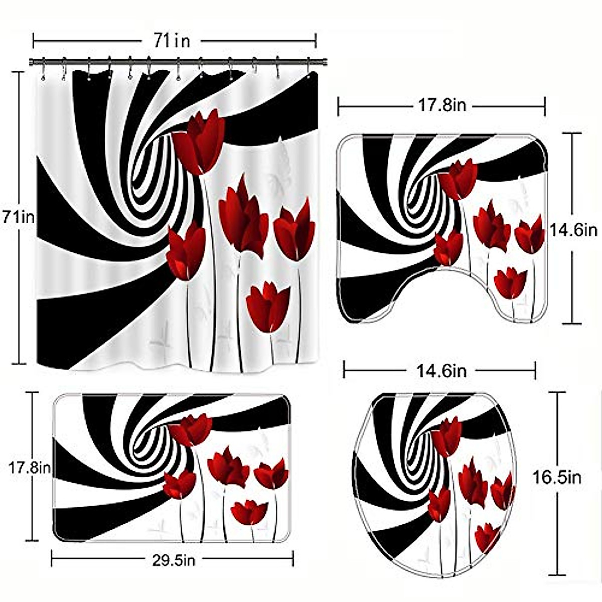 Valentine's Day Shower Curtain Set, 3D Romantic Rose Style Printing Shower Curtain Carpet Floor Mat Combination Bathroom Toilet Mat 4 PCS (D)