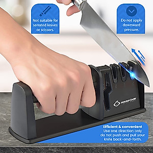 HouseCode Premium TITANIUM Knife Sharpener, 4 in 1 Knife Sharpening with Cut-Resistant Glove, Ergonomic Handle - Sharpen and Polish Kitchen Knives and Scissors, Non-Slip Base for Safe Sharpening (9")