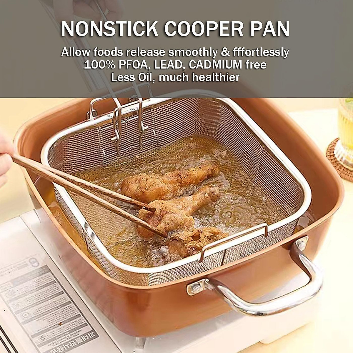 Feipone Non Stick Deep Frying Pan with Lid, 9.5” Copper Square Pan for Cooking, 6 Piece Saute Pan Set with Fry Basket, Steamer Rack, Oven Grips, Dishwasher & Oven Safe, 5 Quart Chef Cookware