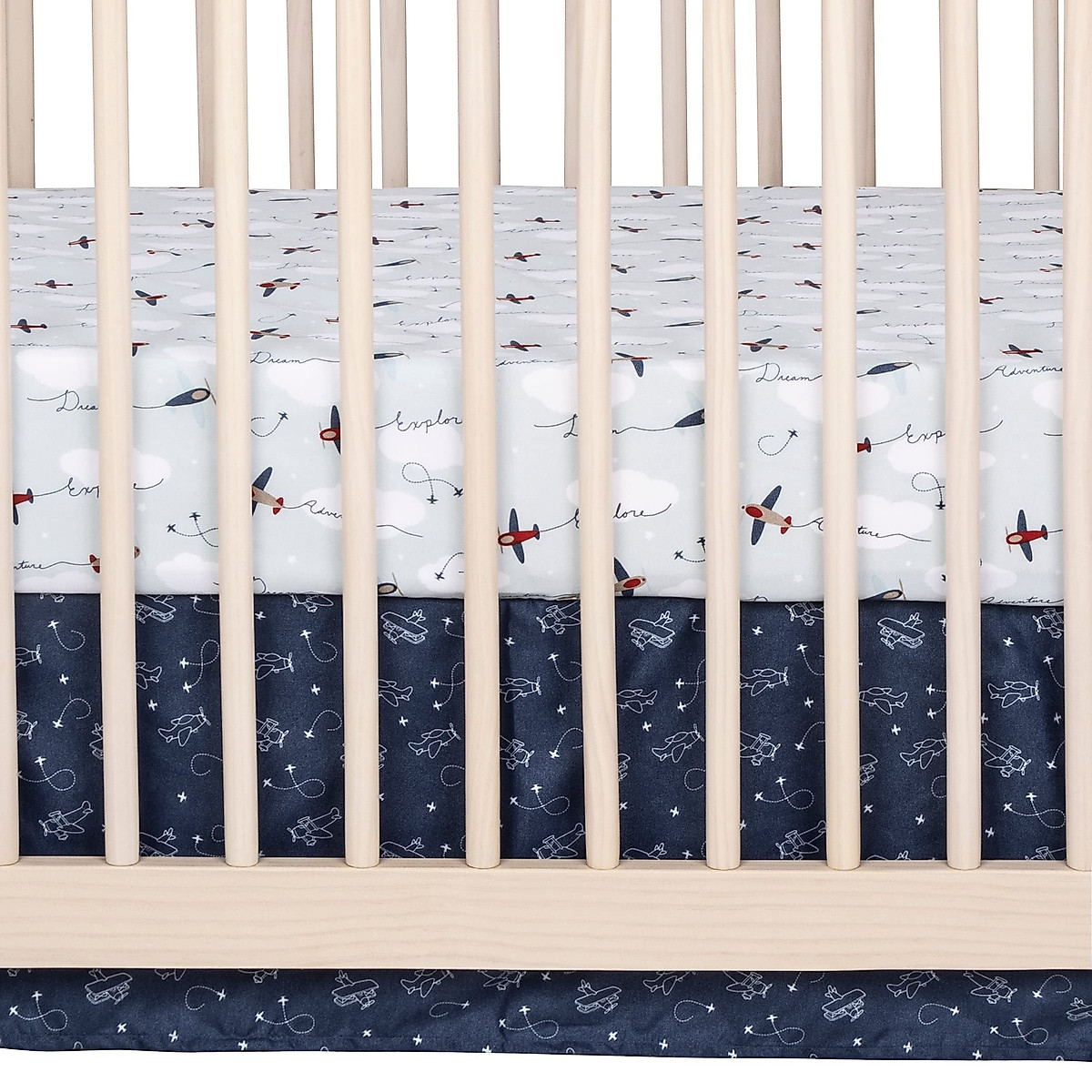 Sammy & Lou Adventure Awaits Air Traveler Breathable 3-Piece Baby Nursery Crib Bedding Set, Includes Quilt, Fitted Crib Sheet, and Crib Skirt