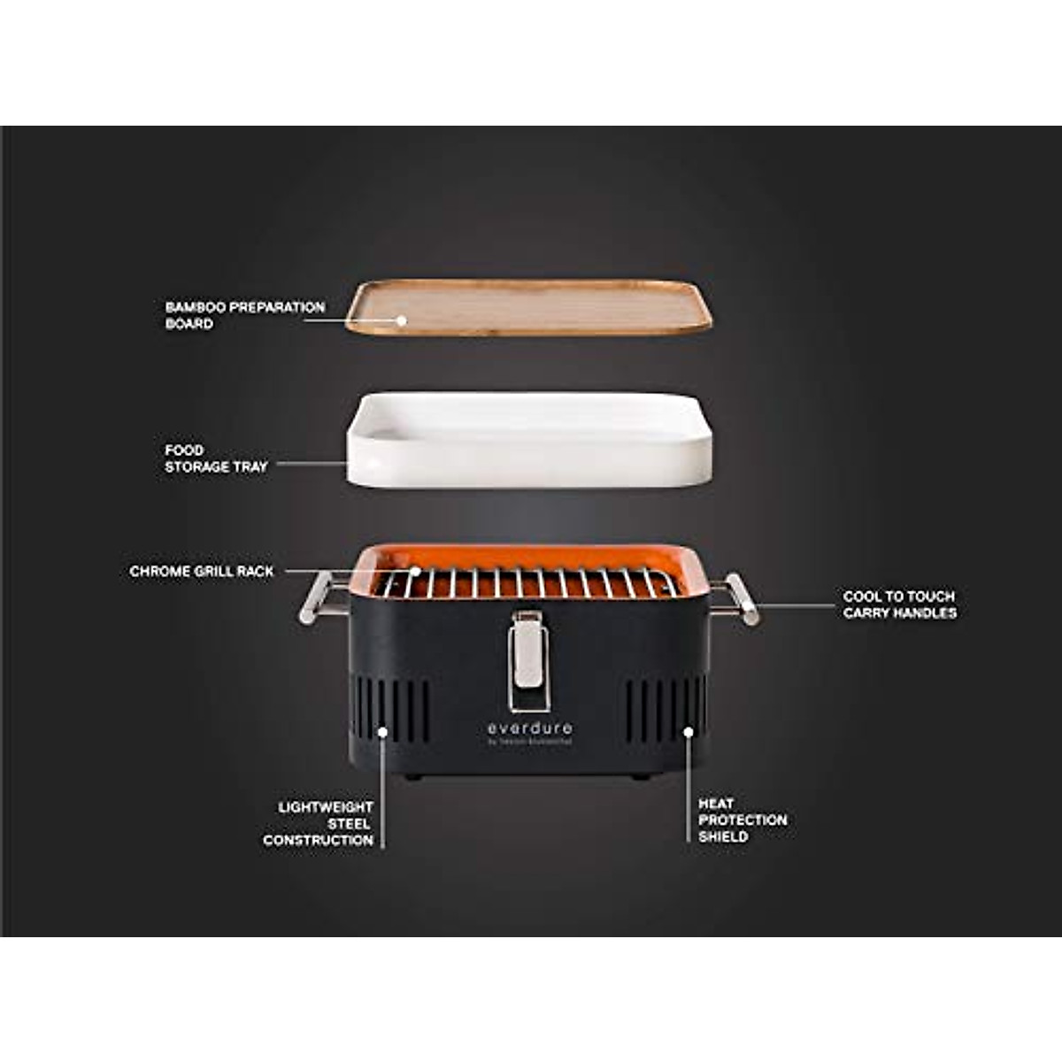 Everdure CUBE Portable Charcoal Grill, Tabletop BBQ, Perfect Tailgate, Beach, Patio, or Camping Grill, Lightweight & Compact Small Grill with Preparation Board & Food Storage Tray, Graphite