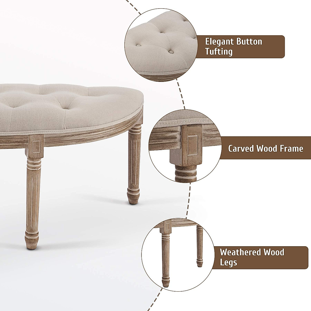 VONLUCE Vintage French Bench, Beige, 49" Upholstered Entryway Bench & Dining Bench, Rubberwood Legs, Padded Seat, 330-pound Weight Capacity