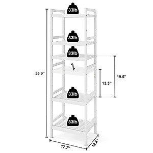 Homykic Bamboo Bookshelf, 5-Tier Narrow 55.9” Adjustable Book Shelf Bookcase Bathroom Shelves Freestanding Storage Stand for Living Room, Bedroom, Kitchen, Rust Resistance, Easy Assembly, White