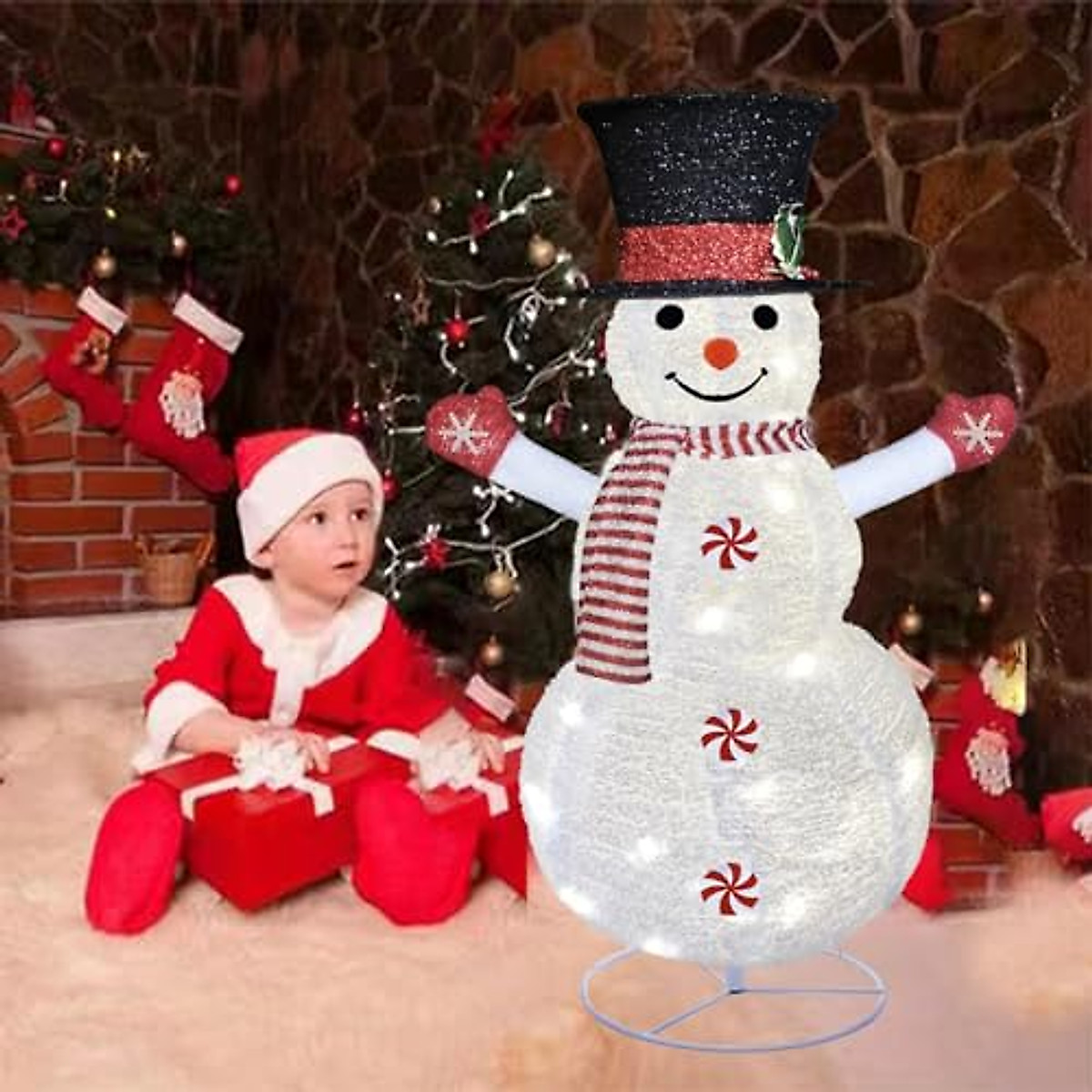 Lighted Christmas Snowman Decorations, 4FT Outdoor Collapsible White Snowman with Built-in LED Lights, Pre-Lit Pop Up Xmas Snowman, Light Up for Holiday New Year Winter Decor （lint）