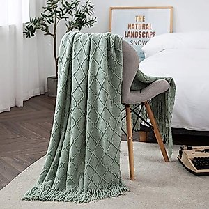 TREELY Aqua Throw Blanket with Fringe Tassels Knitted Throw Blanket Textured Solid Decorative Knit Blanket for Bed Couch, 50" x 67.7", Aqua