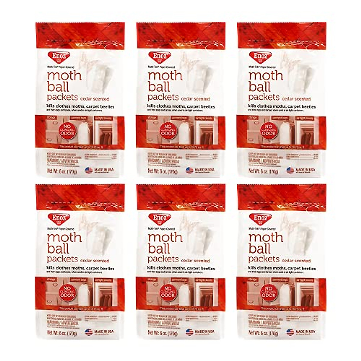 Enoz Moth Ball Packets, Kills Clothes Moths and Carpet Beetles, No Clinging Odor, Cedar Scented, 6 Oz (Pack of 6)
