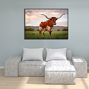 Visual Art Decor Large Animals Canvas Wall Art Texas Longhorn in Sunset Farm Picture Prints Framed and Stretched Painting for Modern Home Living Room Decoration (28"x40" Origin)