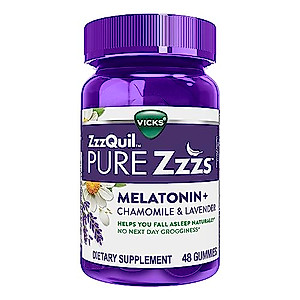 ZzzQuil PURE Zzzs, Melatonin Sleep Aid Gummies with Lavender, Valerian Root and Chamomile, Natural Wildberry Vanilla Flavor, Non-Habit Forming, Drug-Free, 48 Count