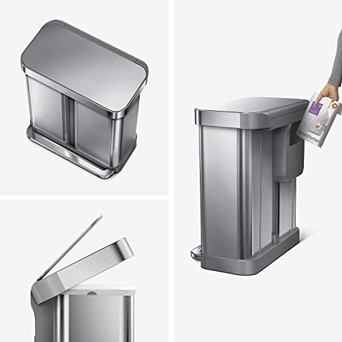 simplehuman 58L Dual Recycling Step Kitchen Trash Can
