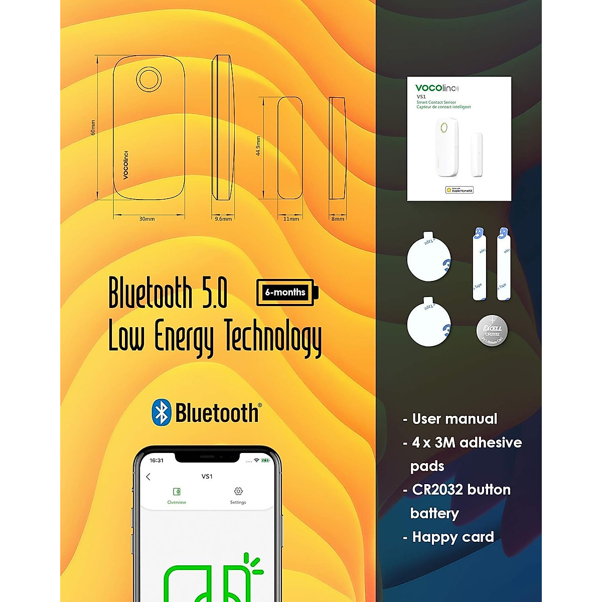 VOCOlinc Door Window Alarm Magnetic Contact Sensor Wireless Smart No Hub Required ONLY Works with Apple HomeKit Home Security Bluetooth Low Energy Remote Access VS1 (2Pack-VS1)