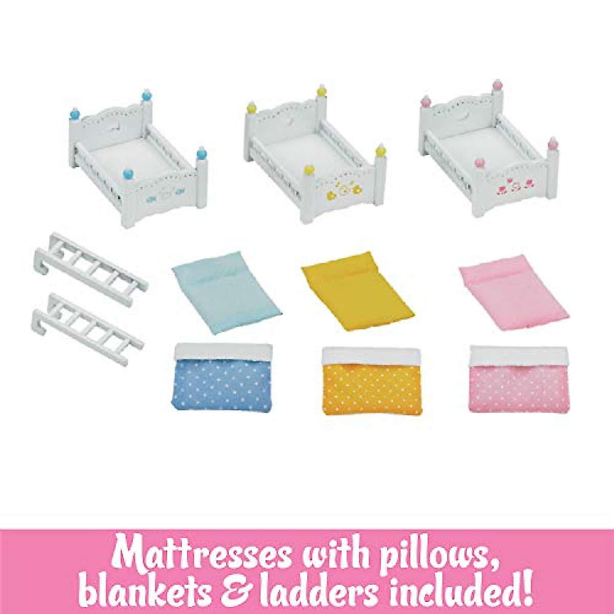 Calico Critters Triple Baby Bunk Beds, Dollhouse Toy Furniture, Multicolor, basic (CC2624), Set includes three beds, three mattresses with pillows, three blankets and two ladders