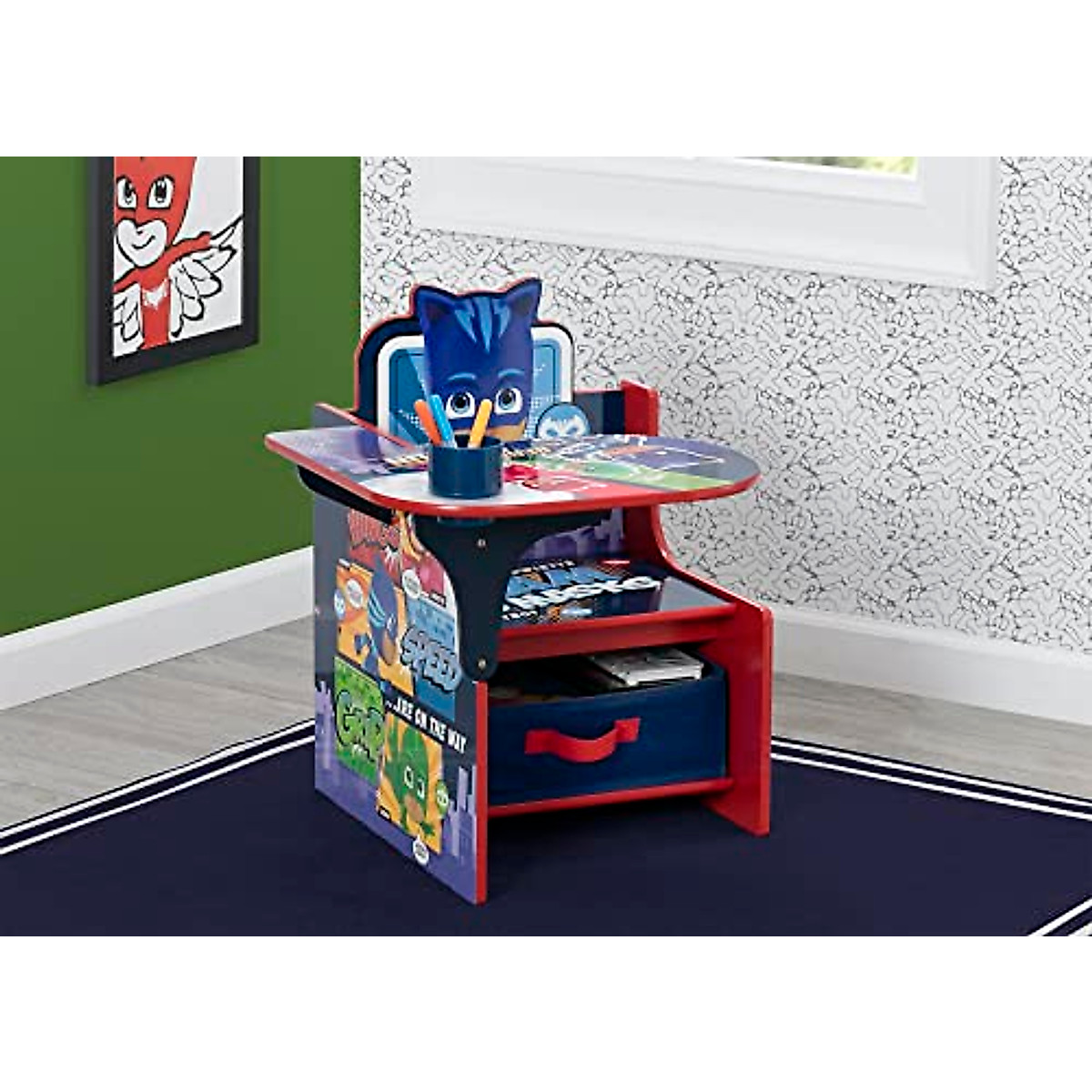 Delta Children Chair Desk with Storage Bin + Design and Store 6 Bin Toy Storage Organizer, PJ Masks (Bundle)