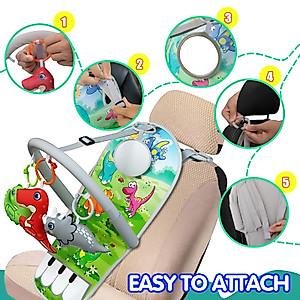 UNIH Car Seat Toys for Baby Infant 6 Months and Up, Pedal Piano Adjustable Carseat Toys with Music, Baby Mirror and Hanging Squeaky Sensory Soft Baby Toys 6 to 12 Months