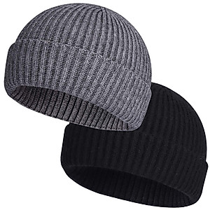 ROYBENS 2pcs Swag Wool Fisherman Beanies for Men, Knit Short Watch Cap Winter Warm Hats
