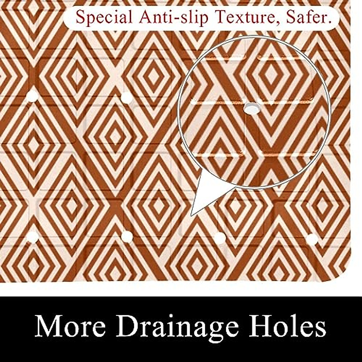 Bath Tub Shower Mat - Anti-Slip PVC Material 15.1x26.8 in, Gentle Cushioning Quick Drying Suction Cups Reliable Solution - Geometric Diamond Pattern - Brown Non-Slip Floor Mat