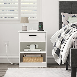 ODIKA Everyday Side Table with Fast Charging Station - USB C Cable Fast Charging, Wooden White Nightstand Bedside Table with Drawer, End Table with Optional Adjustable Shelf for Bedroom, Set of 1