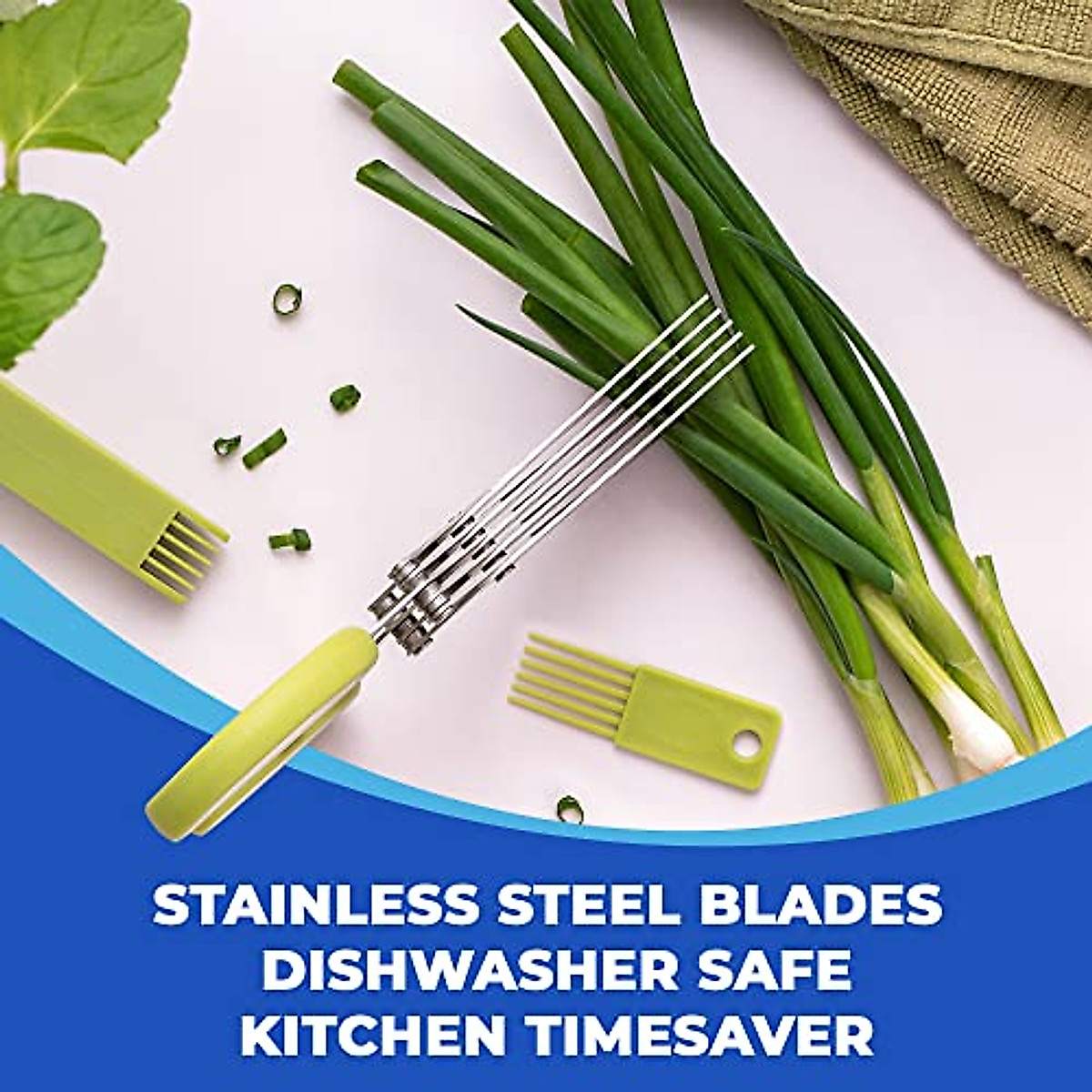 Jenaluca Herb Scissors with 5 Blades and Safety Cover - Cut, Chop & Mince Fresh Herbs & Leafy Greens - Stainless Steel Kitchen Shears with Cleaning Comb - Cool Kitchen Gadgets (Green)