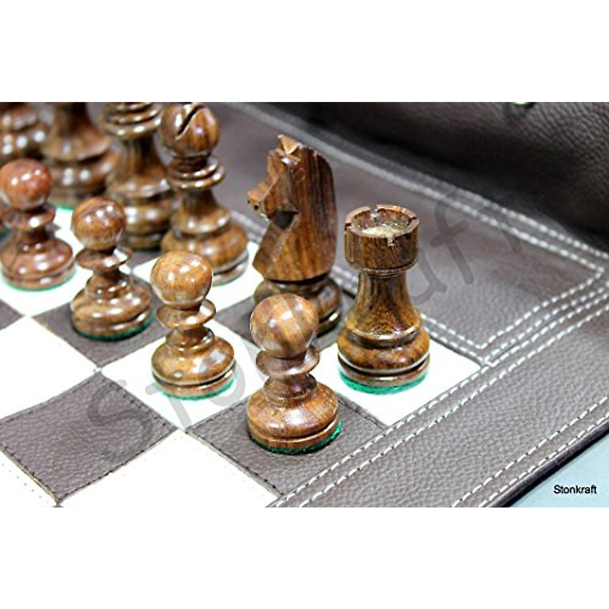StonKraft - 19" x 15" (Chess Board Size 12" x 12") Roll-Up Leather Chess Set with Wooden Chess Pieces - Brown | Comes with Innovative Carry Pouch