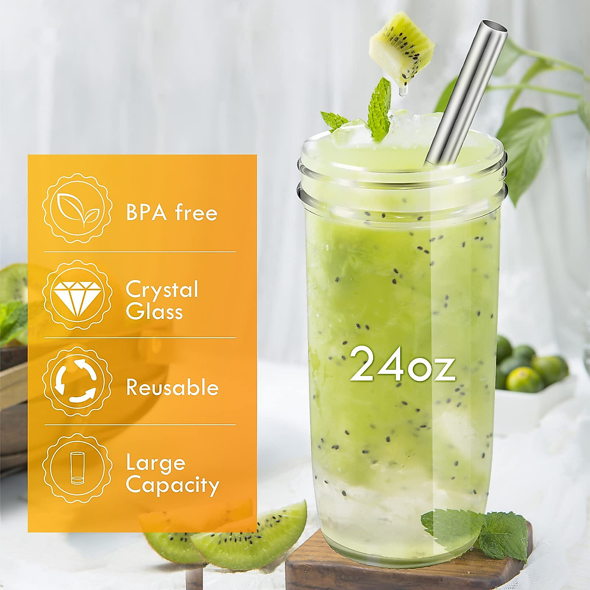 4 Pack Glass Cups with Lid and Straw, 24oz Boba Tea Cups, Wide Mouth Smoothie Cups, Reusable Drinking Glasses with Bamboo Lids for Beer, Boba Tea, Juice, Smoothie