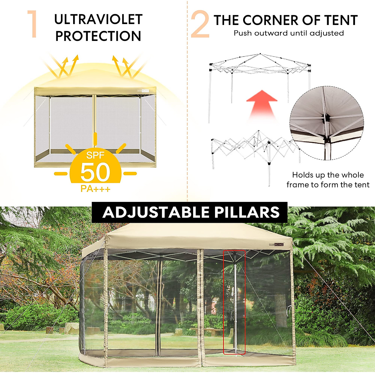 VIVOHOME 10x10ft Easy Pop-Up Canopy, Outdoor Screen Tent with Mesh Mosquito Netting Side Walls for Camping Picnic Party Deck Yard Events, Beige