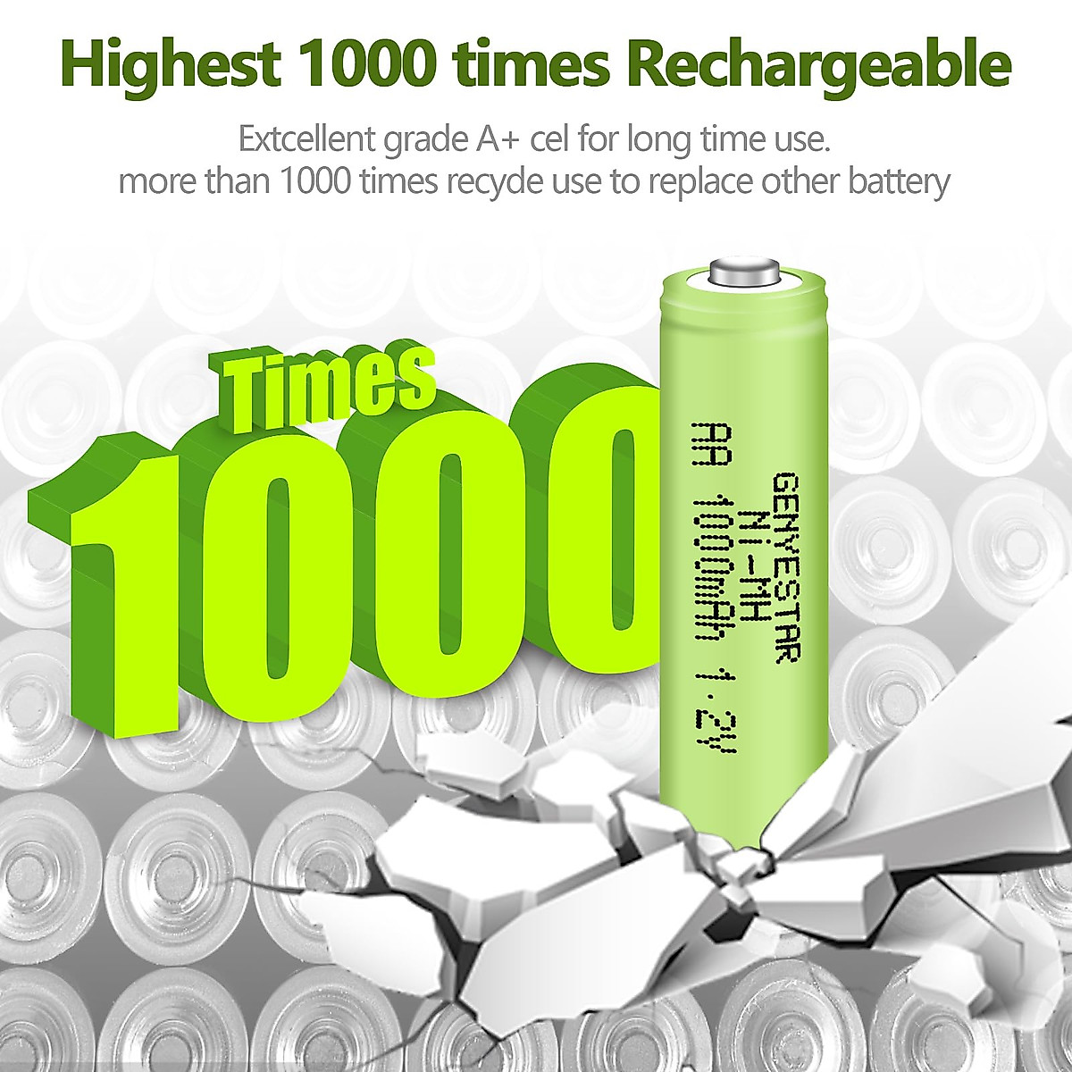 GENYESTAR Solar Lights AA Rechargeable Batteries 1000mah High Capacity 1.2V Ni-MH AA Battery for Outdoor Lights, String Lights, TV Remotes, Wireless Mouses, Flashlight, 8 Pack