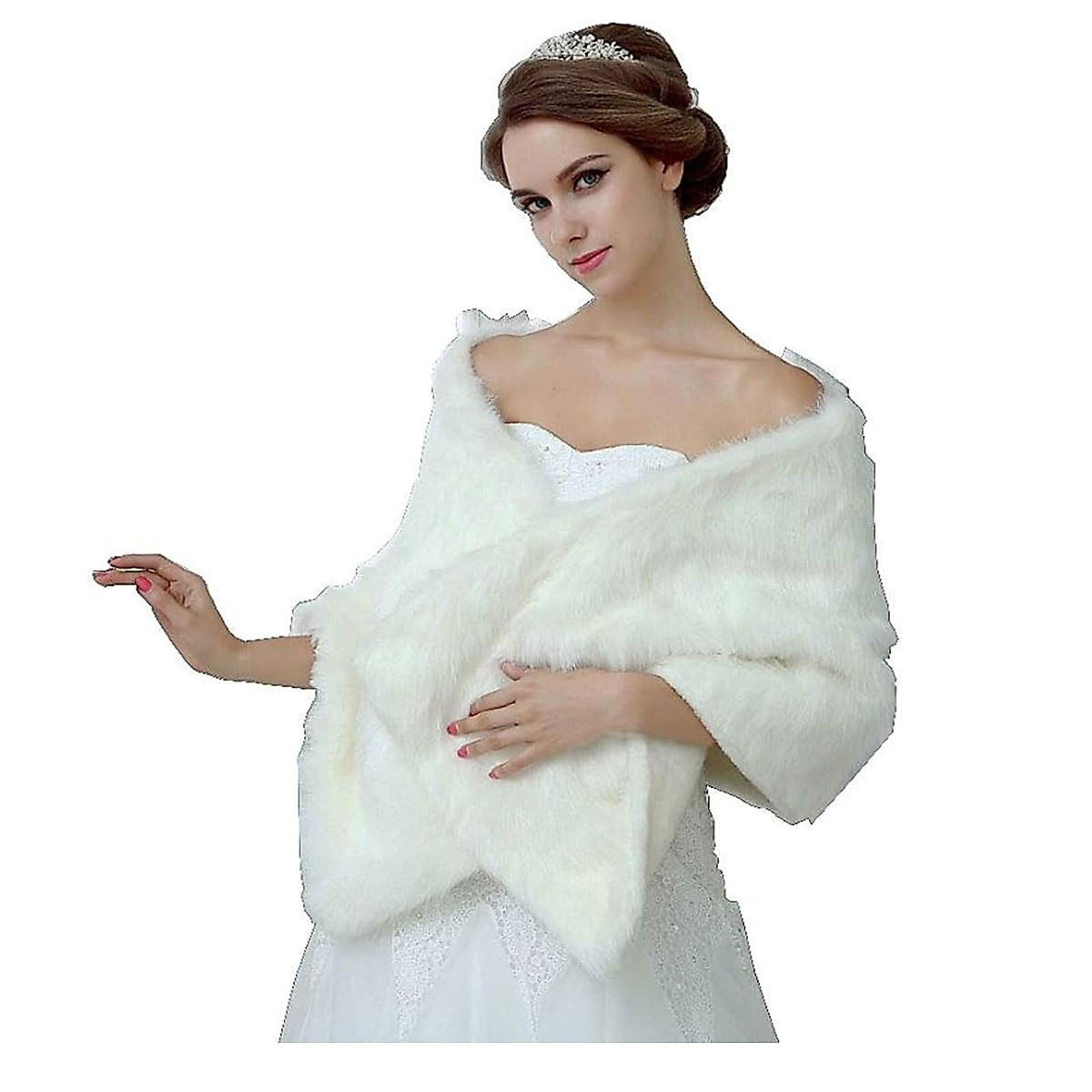 Mydio Faux Fur Shawl Wrap Stole Cape，Shawl Wrap Faux Fur Scarf Stoles for Wedding Dresses (White)