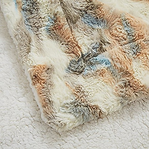 Tache 90x90 Oversized Soft Warm Tan Brown Blue Russian Lynx Faux Fur White Sherpa Bed Blanket, Full, Queen Size