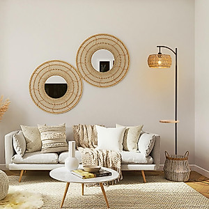 Feohak Boho Floor Lamp, Rattan Floor Lamp with Shelf, Bohemian Bamboo Wicker Coastal Rustic Farmhouse Woven Tropical Wood Tall Standing Lamp with Table for Living Room Bedroom