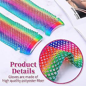 Yolev Rainbow Fingerless Fishnet Gloves 2 Pairs Long Fishnet Mesh Fingerless Gloves 80s Short Fishnet Gloves 80s 90s Party Cosplay Costume Accessories for Women and Girls