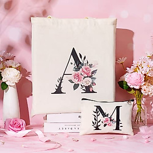 AUNOOL Initial Floral Canvas Tote Bag with 2 Inner Pockets, Personalized Wedding Gift Bag for Women Teacher Bridesmaid Flower, Reusable Shopping Bag for Groceries, Cosmetic Makeup Bag Letter A