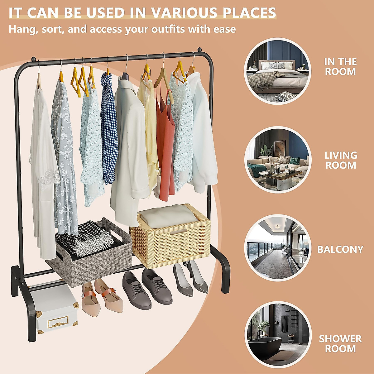 JIUYOTREE Metal Clothing Rack, 43.3 Inches Clothes Garment Coat Rack with Bottom Shelf, Clothing Rack for Hanging Clothes, Coats, Skirts, Shirts, Sweaters, Black