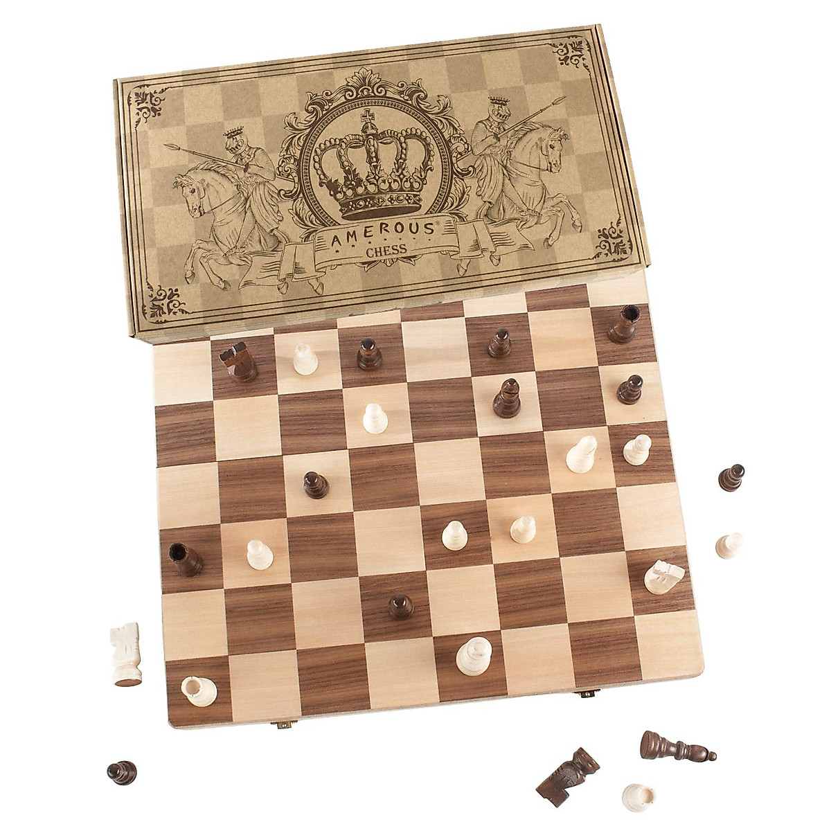 Amerous 15" x 15" Magnetic Wooden Chess Set, Folding Travel Chess Board with 2 Extra Queens / Pieces Storage Slots / Carry Bag , Handmade Large Wooden Board Game for Kids and Adults