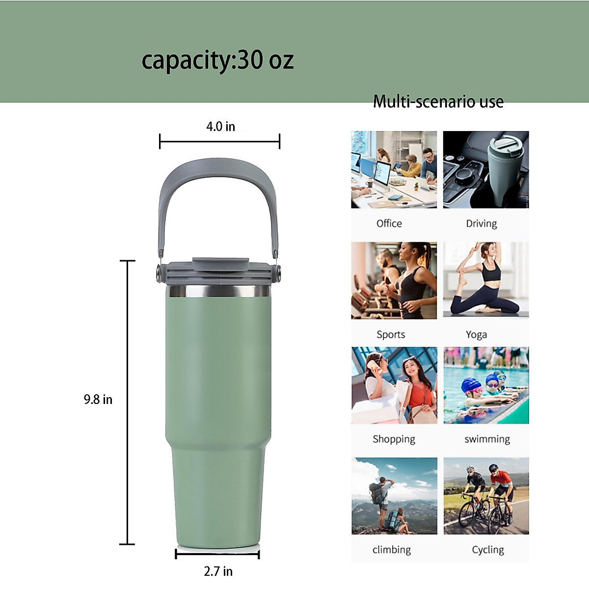 Insulated Straw Mug, 30 oz Anti-Leak Tumbler with 3-Way Lid: Sip, Straw, or Pour - Stainless Steel Travel Coffee Mug Fit Cupholder with Easy-to-carry Handle (Mint Green)