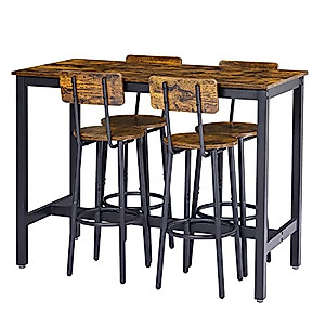 KIVENJAJA Bar Table and Chairs Set for 4, 5-Piece Rectangular Pub Bistro Table & Stools with Backrest, Counter Height Dining Table Set for Kitchen Living Room Restaurant Breakfast Nook, Rustic Brown