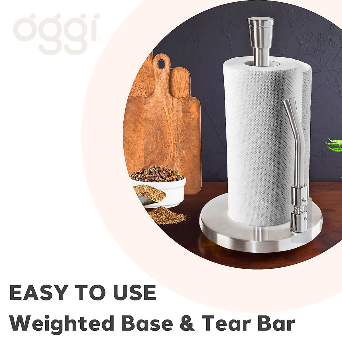 Oggi Stainless Steel Tension Arm Paper Towel Holder, Silver