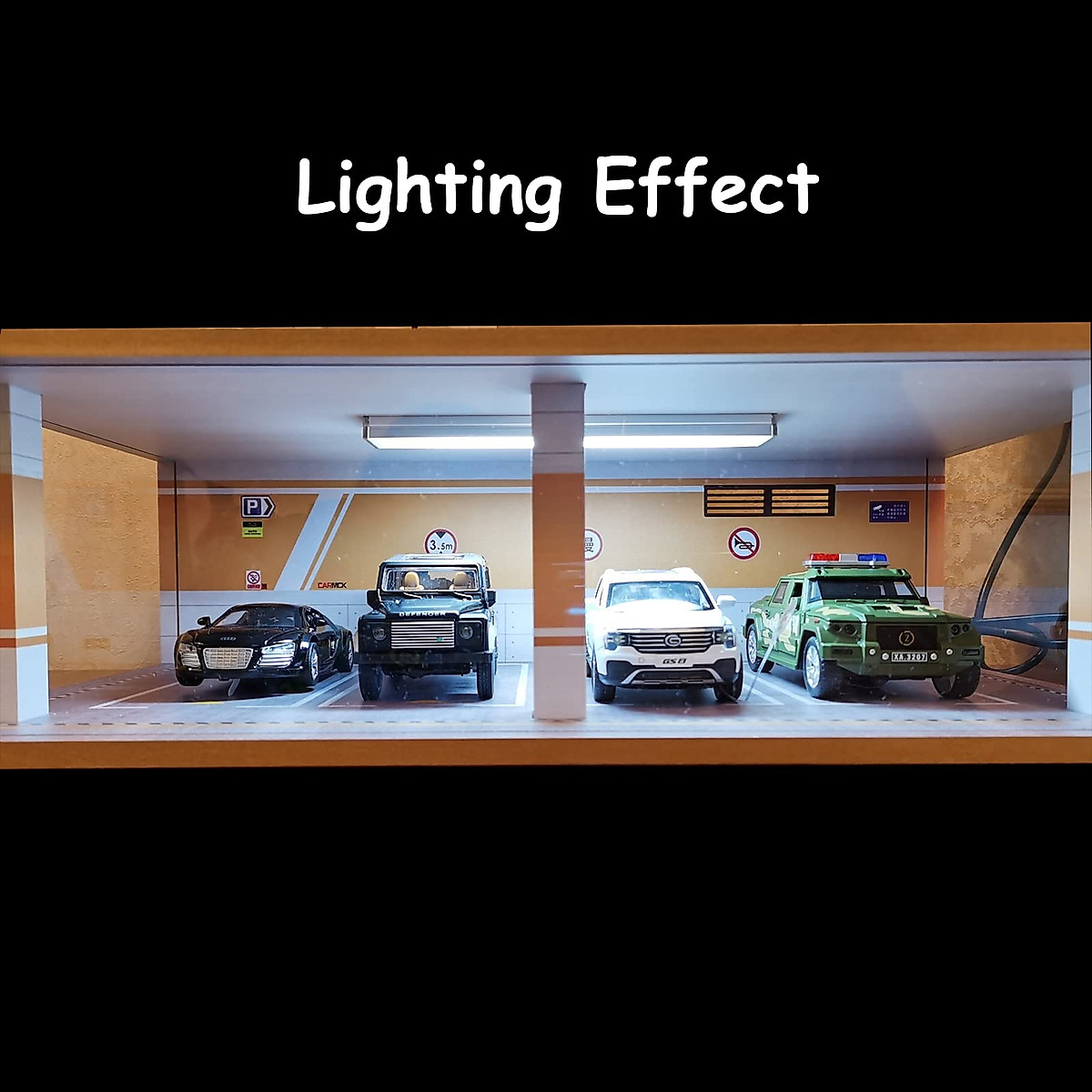 1/24 Scale Die-cast Car Garage Display Case with Clear Acrylic Cover and LED Lighting for 4 Parking Space (1:24-4 Parking Green)