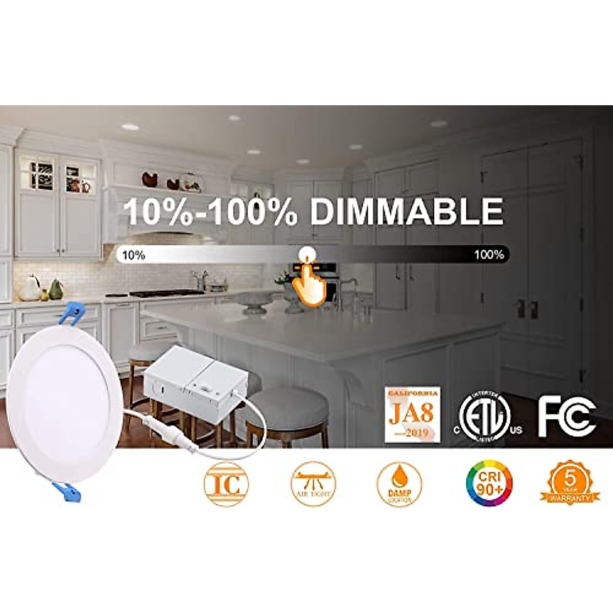 CLOUDY BAY 6 inch 3000K/ 4000K/ 5000K 3 Color Temperature Selectable,Dimmable Recessed Lighting 15W CRI90+,Ultra Thin LED Recessed Light with Junction Box,IC Rated, Air Tight,ETL/JA8,White,6 Pack