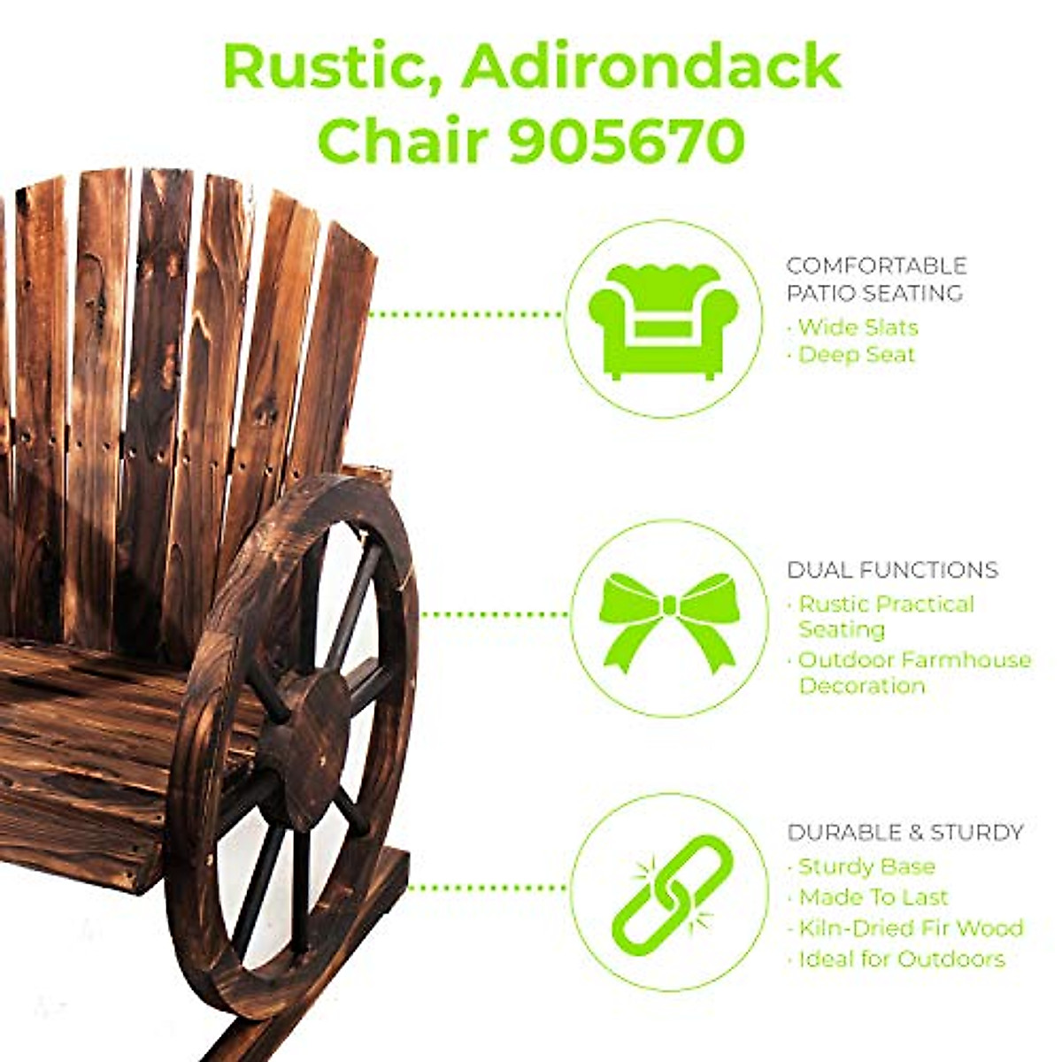 Wooden Wagon Wheel Chair Rustic Armrest Chair Outdoor Patio Furniture Wood Adirondack Chair, Slatted Seat for Garden Country Yard, Burnt-Finished - Backyard Expressions