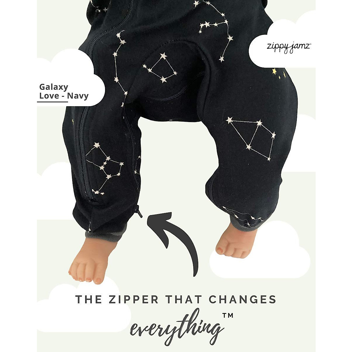 zippyjamz Organic Baby Footless Sleeper Pajamas with Inseam Zipper for Quicker and Easier Diaper Changes (Galaxy Love - Navy, 18-24 Months)