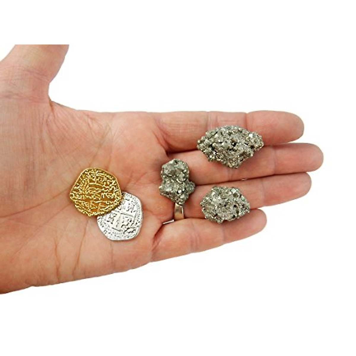 Beverly Oaks ONE (1) Pirate Booty Pouch Filled with 1/2 Pound Pyrite and 15 Metal Pirate Treasure Coins - Shiny Gold and Silver Doubloon Replicas