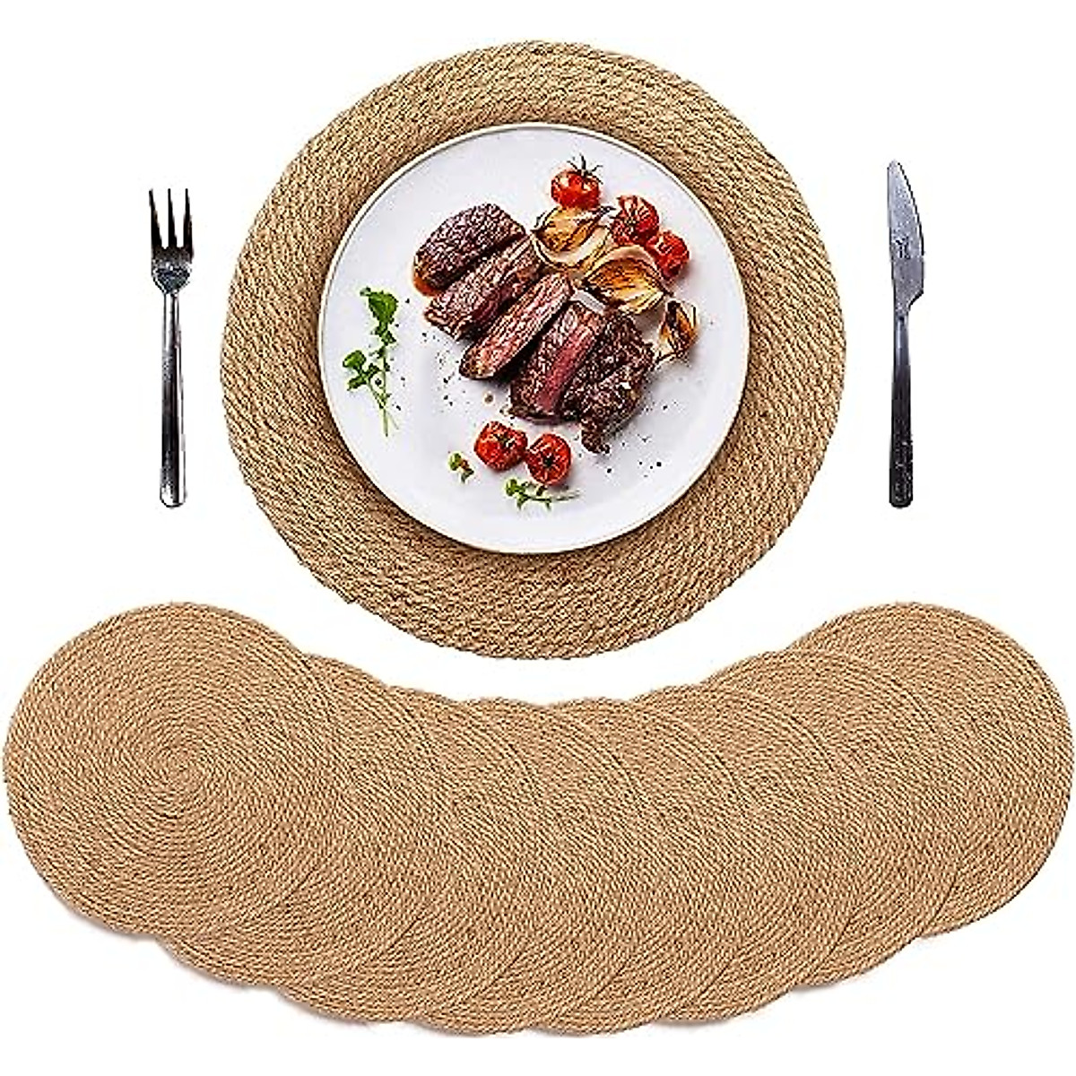Defined Deco Round Jute Placemats Set of 8,12" Handmade Round Placemats,Woven Braided Placemats,Natural Farmhouse Place Mats,Jute Thick Hot Pads,Rustic Table Mats for Dining Table Decor,Home,Wedding.