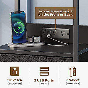 Seventable Nightstand with Charging Station, LED Bedside Table with Adjustable Fabric Drawer, Night Stand with Storage, 3-Tier Bed Side Table, End Table for Bedroom, Living Room, Black