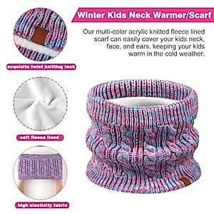 Kids Winter Hat Gloves Scarf Set, Girls Boys Children Hats Beanie with Pom Knit Neck Warmer Gaiter Mittens Fleece Lined Set (Purple)