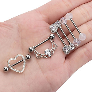NASAMA Stainless Steel Acrylic Nipple Rings Tongue Ring CZ Barbell Heart-Shape Piercing Body Jewelry (6pair Steel color)