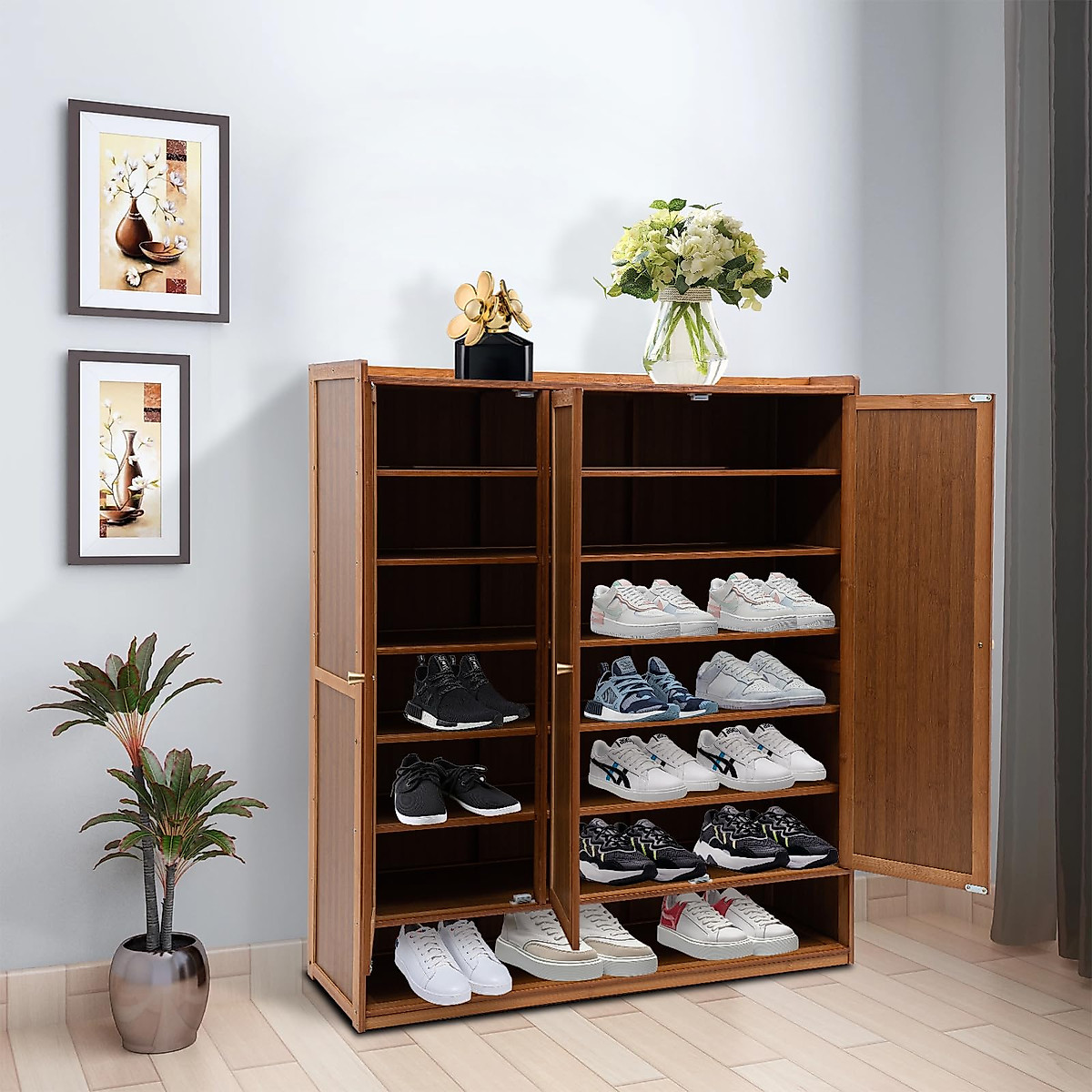 simimasen Shoe Storage Cabinet Shoe Rack 6 Compartments Storage Organizer Rack Shoes Organizer Shoe Floor Shoes Organizer with Shutter Doors for Entrance Hallway Bedroom