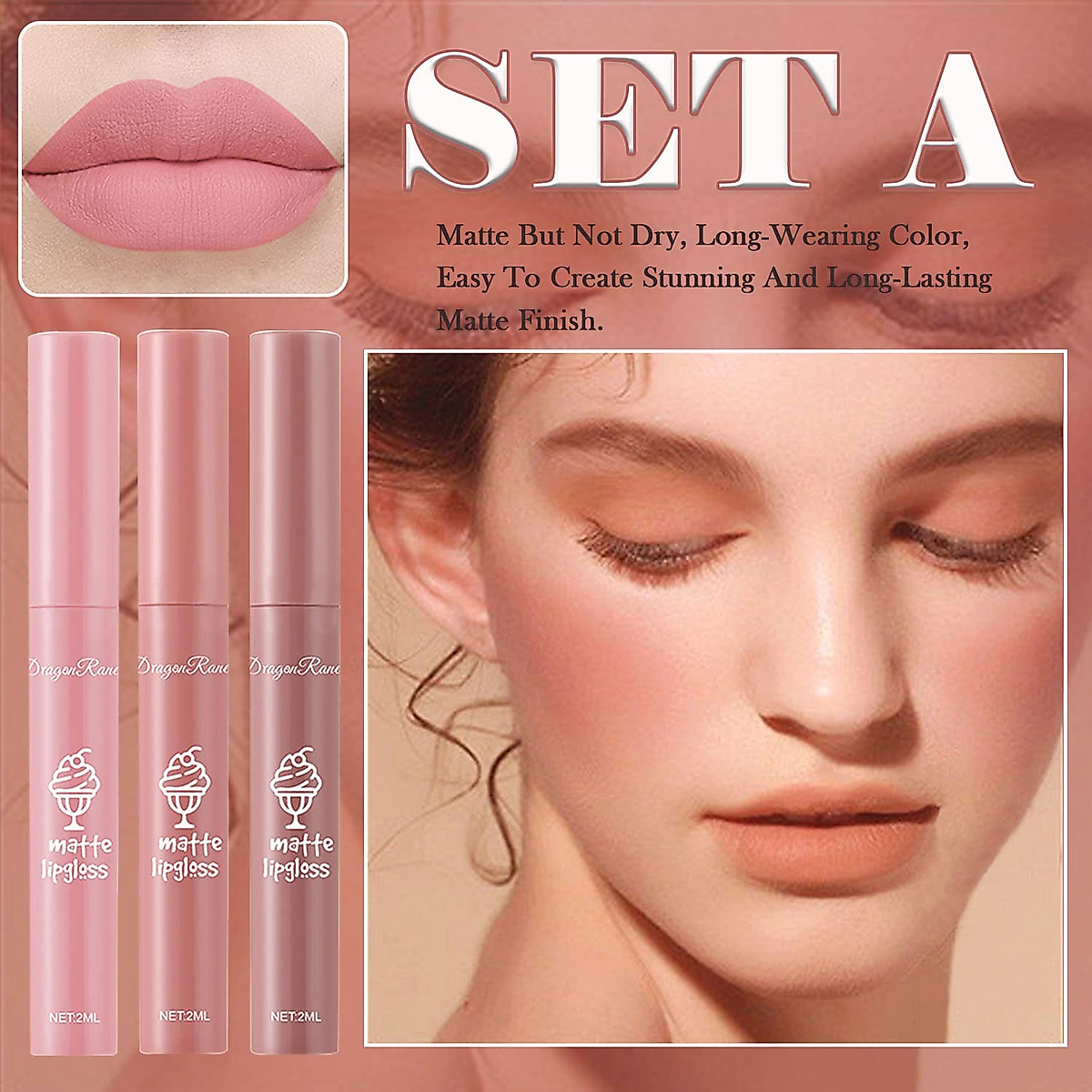 3 Colours Nude Matte Lipstick Set,24 Hour Natural Lip Glazes Velvet Air Moisture Smooth Crayon Lip Stain,Nourishing Color Lip Glaze,Long Lasting Waterproof Lip Gloss Lipstick for Women Makeup(Set A)